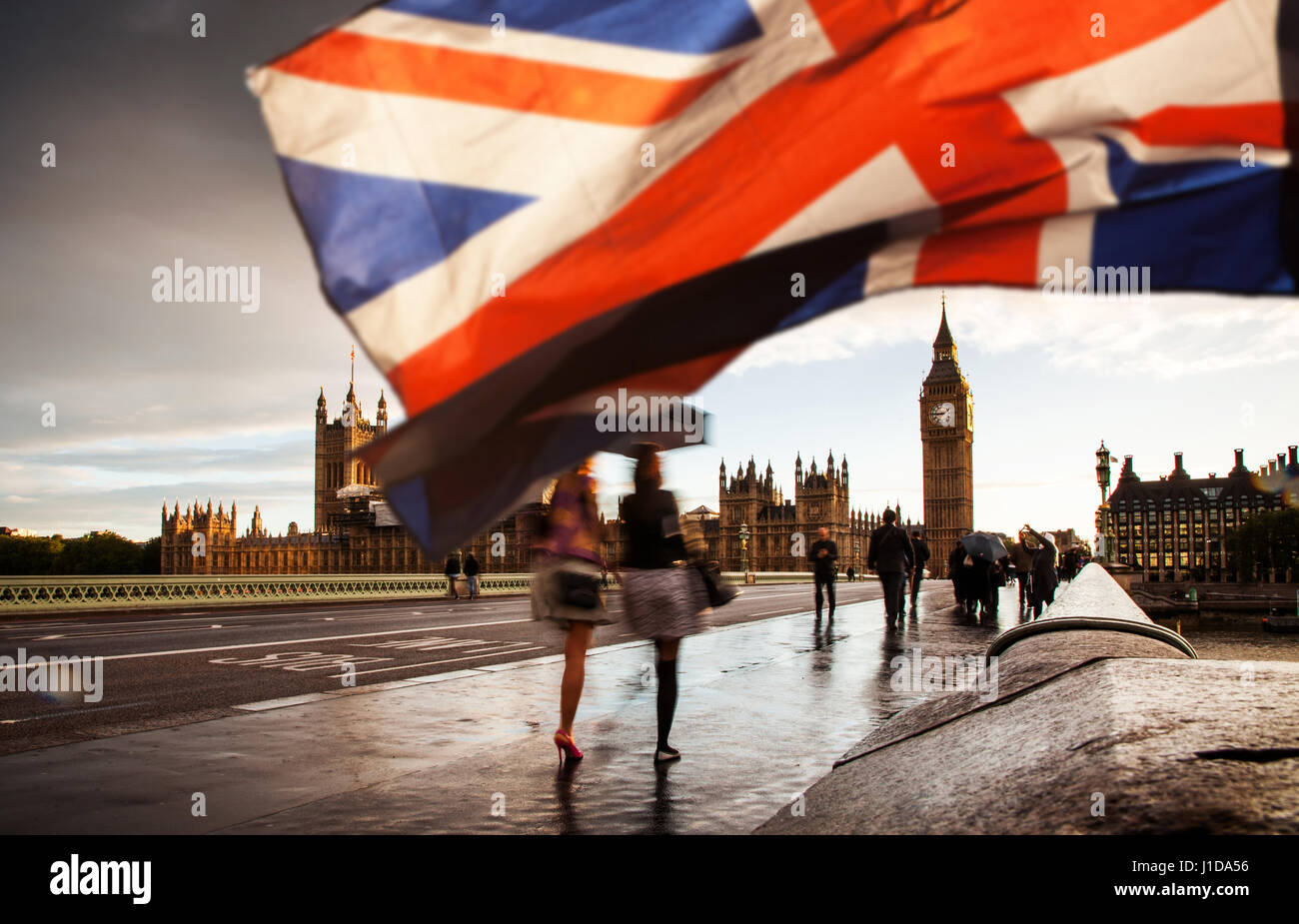union jack flag and iconic Big Ben at the palace of Westminster, London ...
