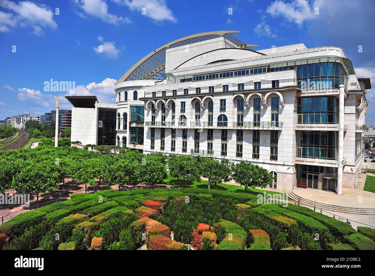 Facade of National theatre building (Nemzeti Szinhaz) in Budapest ...