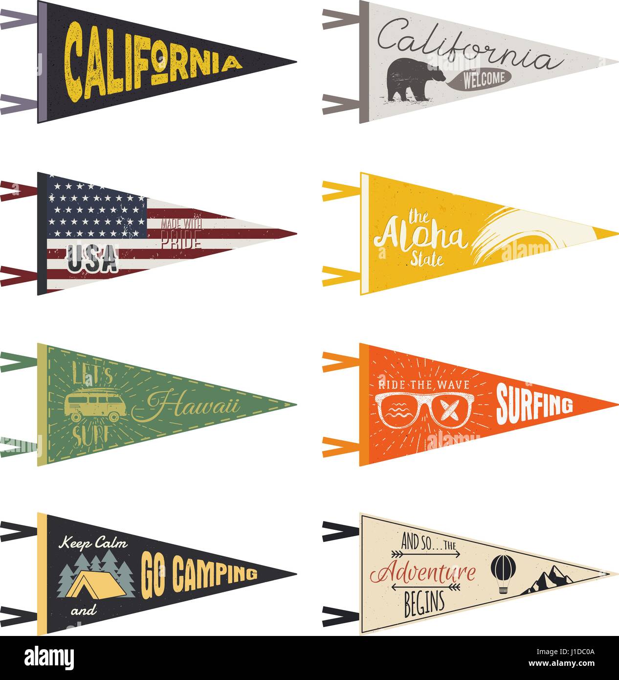 Set of adventure pennants. Vector Pennant explore flags design. Vintage ...