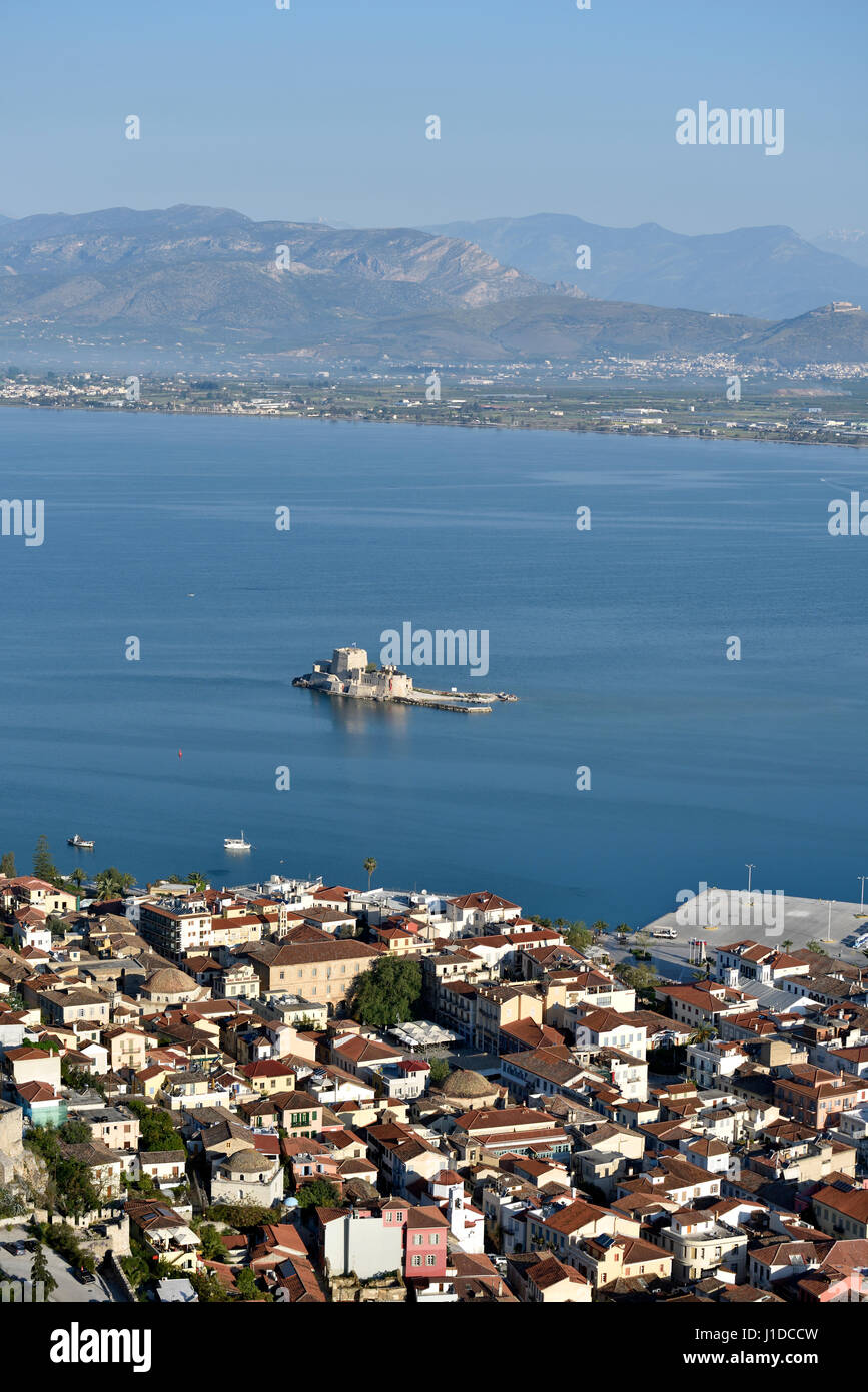 Nafplio town and Bourtzi fortress in Peloponnese, Greece Stock Photo ...