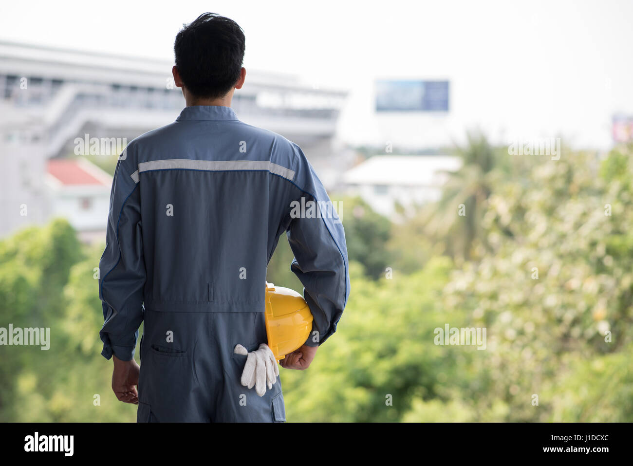 Back view of engineer looking at green nature, Engineering and Eco ...