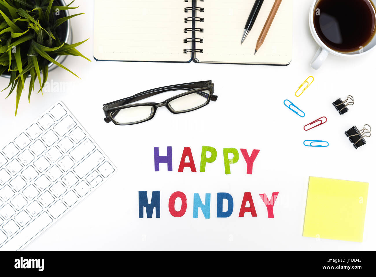 Office desk table with supply, pen, pencil, notebook, computer, eye ...