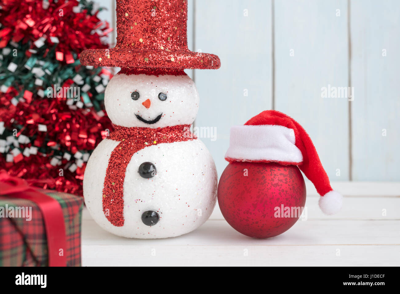 Santa claus ball with snowman and streamer tree on vintage background ...