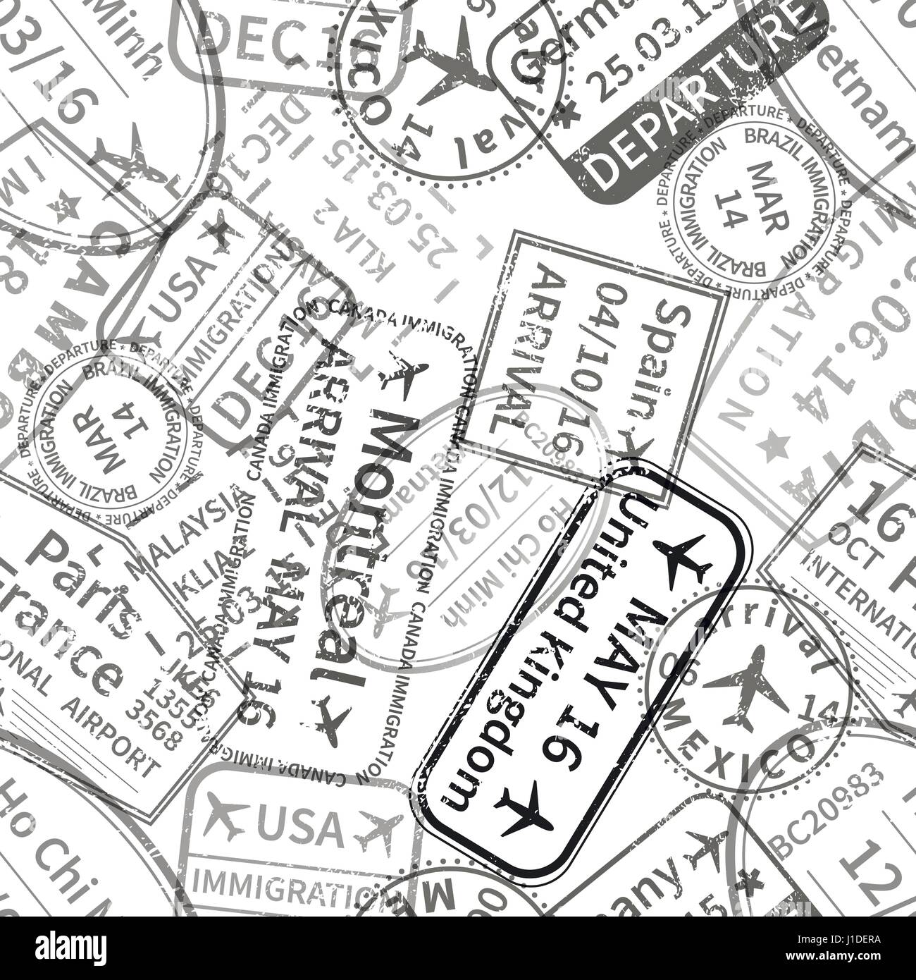 Many black International travel visa rubber stamps imprints on white ...