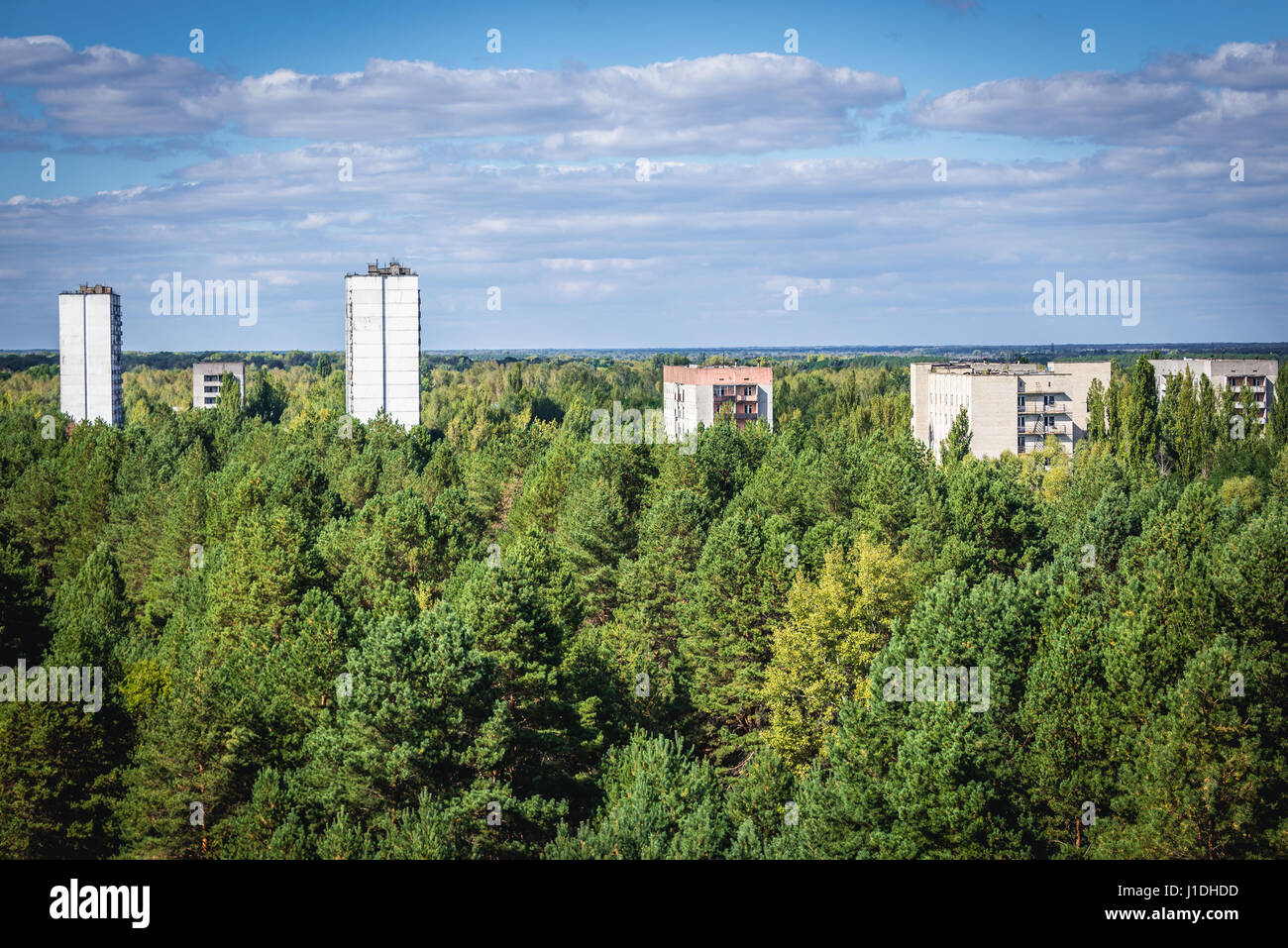 Aerial view of Pripyat ghost town in Chernobyl Nuclear Power Plant Zone ...