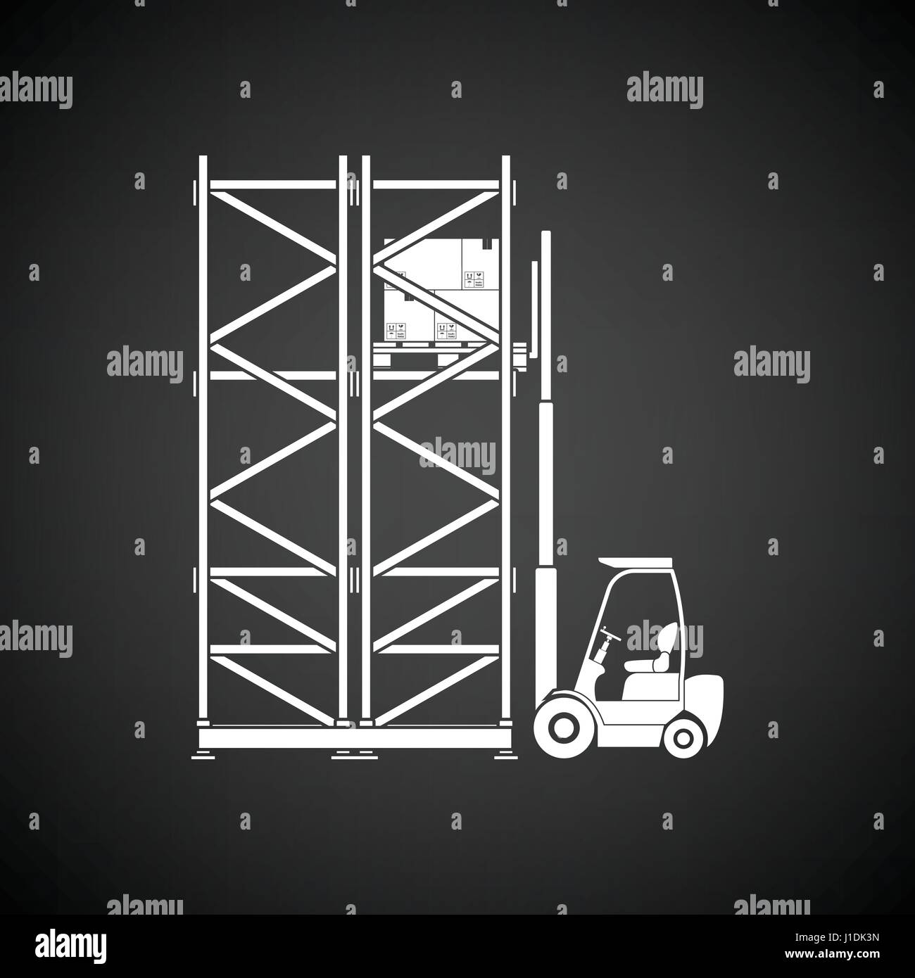Warehouse forklift icon. Black background with white. Vector ...