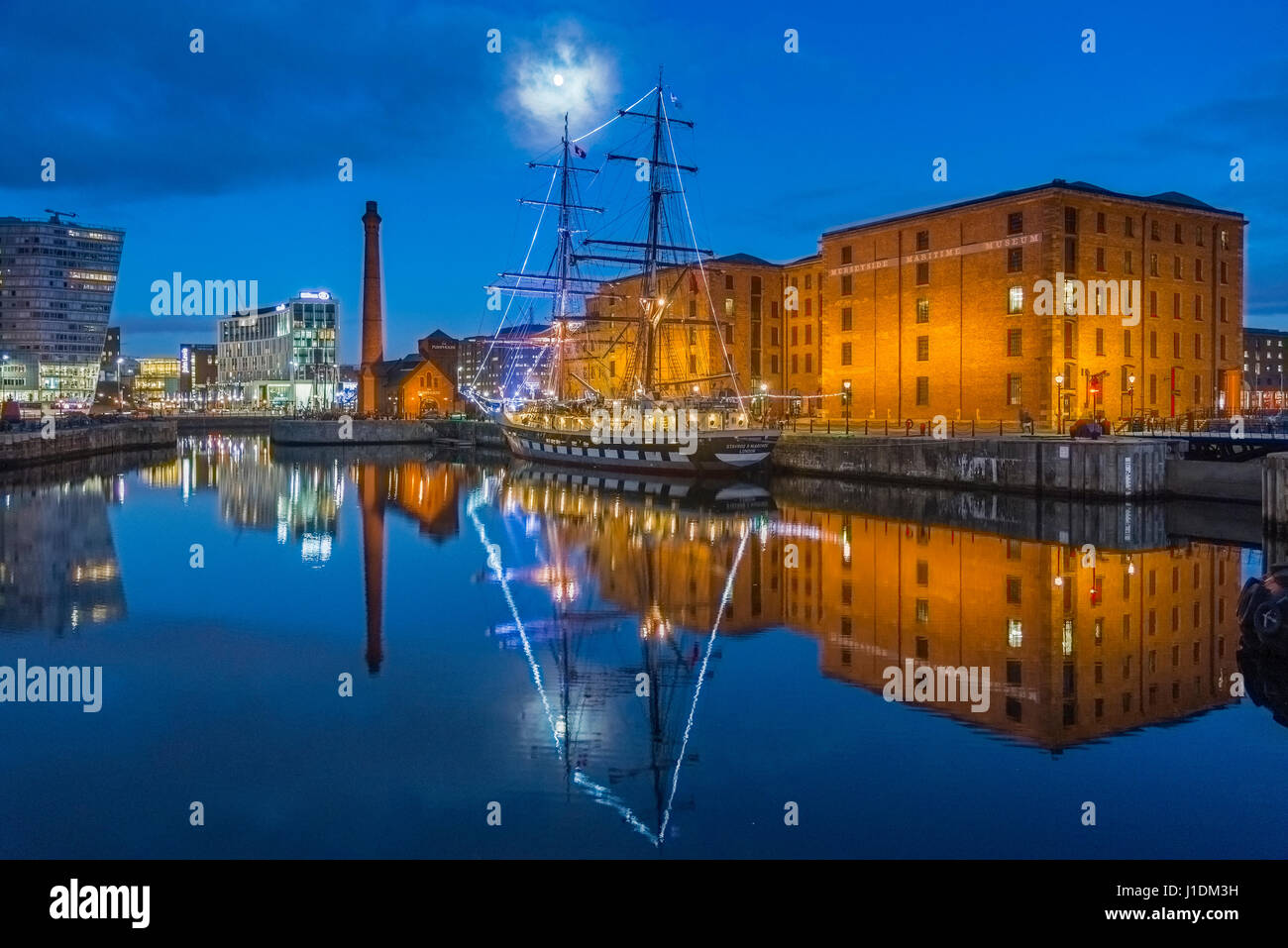 Liverpool. Canning Dock at the Albert Dock complex.evening. Tall ship ...