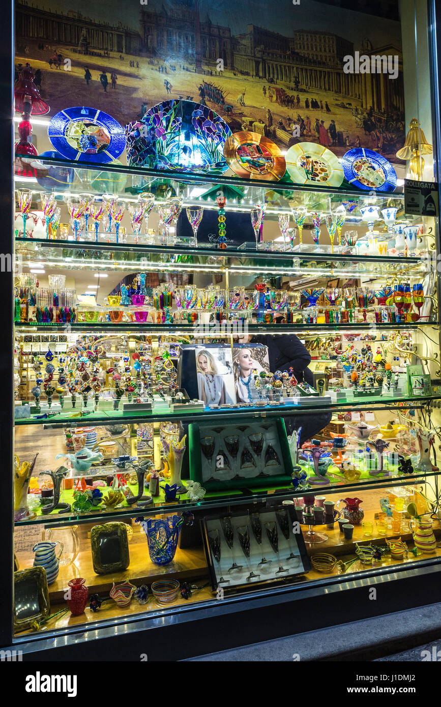 Rome, Italy - January 3, 2017: Souvenir store with glassware objects in ...