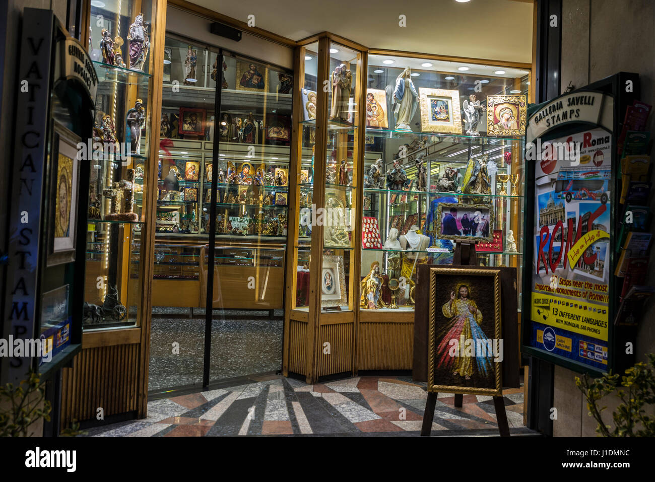 Rome, Italy - January 4, 2017: Souvenir store with religious figures in ...