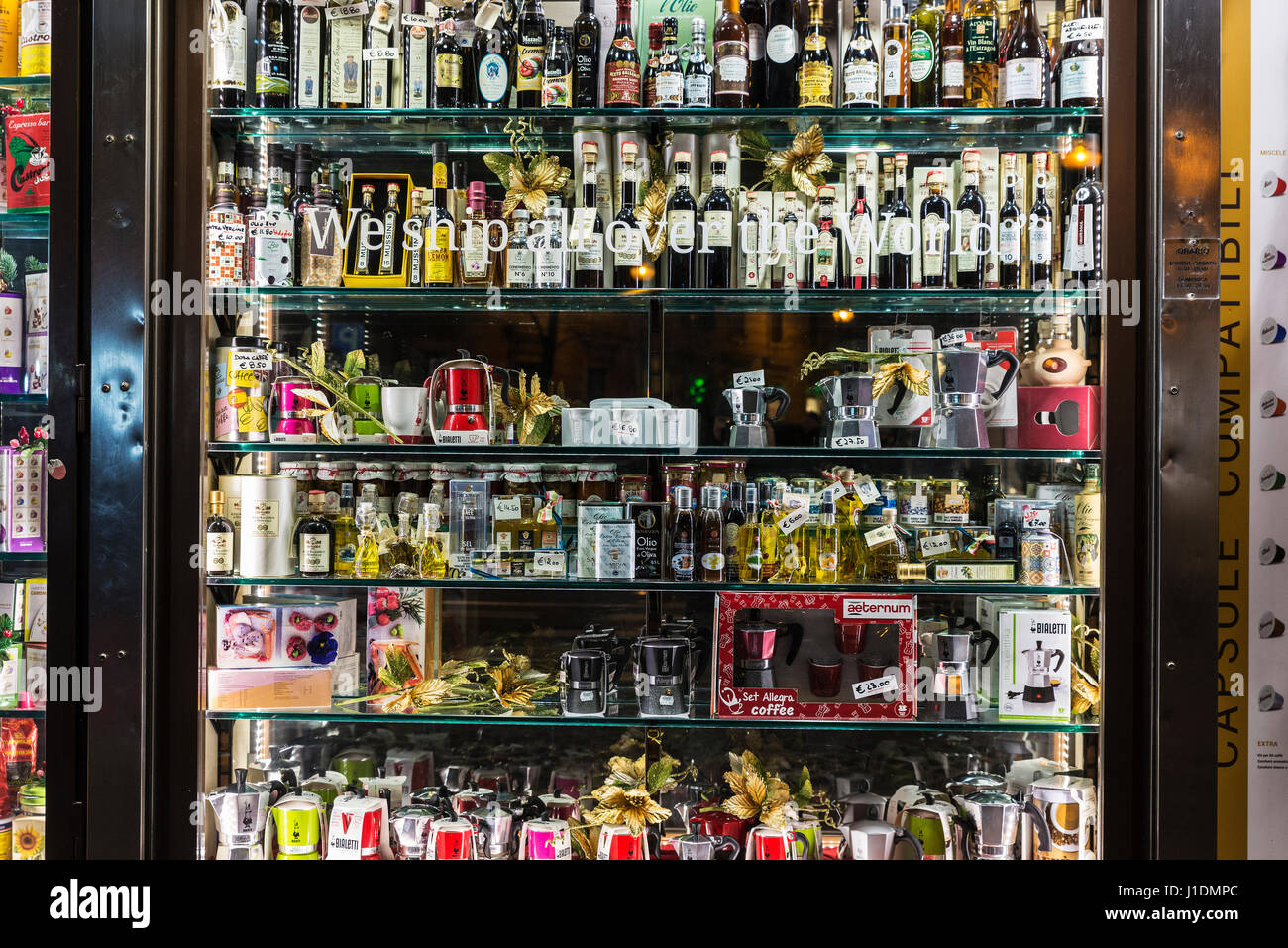 Rome, Italy - January 4, 2017: Liquor and souvenir store on a street in ...