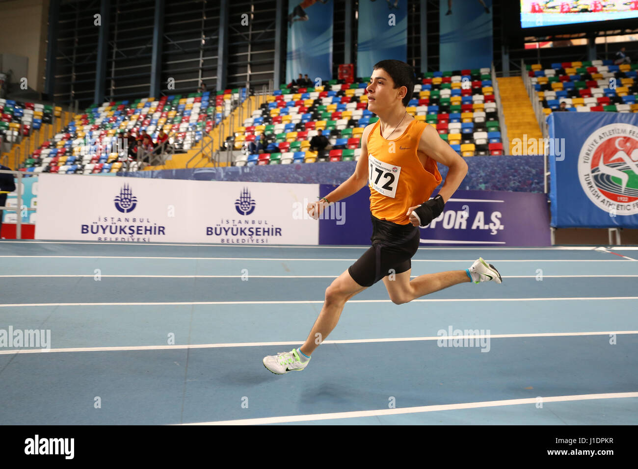 ISTANBUL, TURKEY - FEBRUARY 04, 2017: Athlete Serhat Bulut running ...