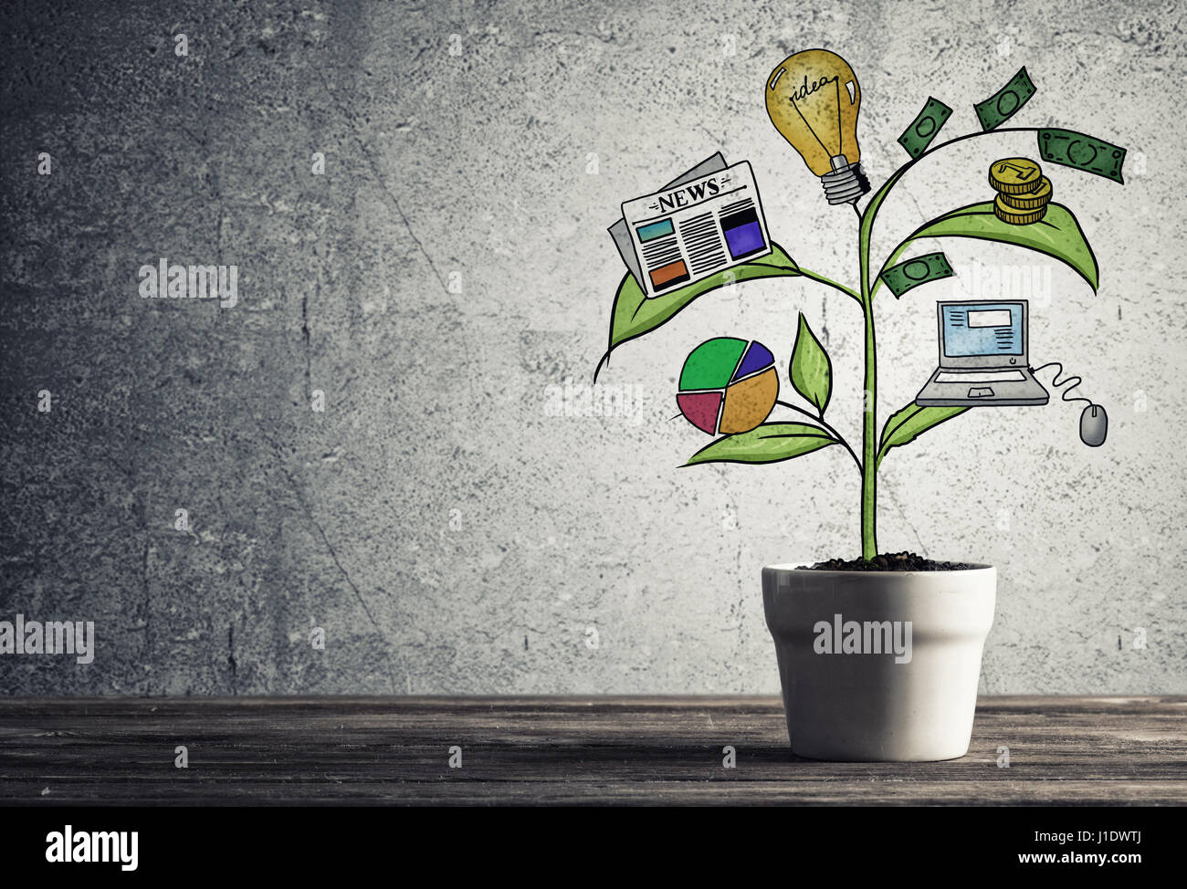 Drawn income tree in white pot for business investment savings and ...