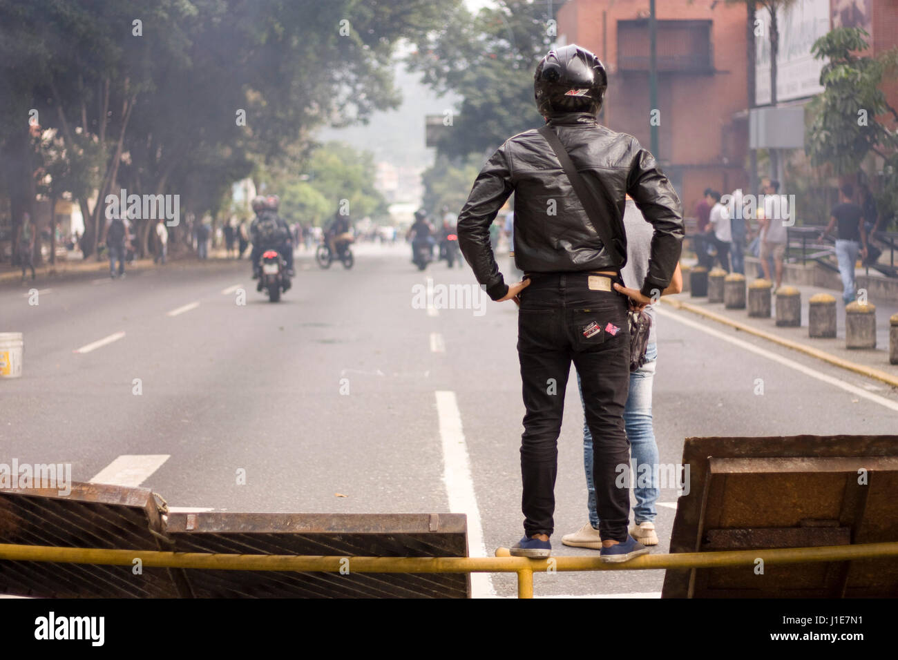 Caracas, Venezuela, 20th April, 2017. Protester in a barricade during a ...