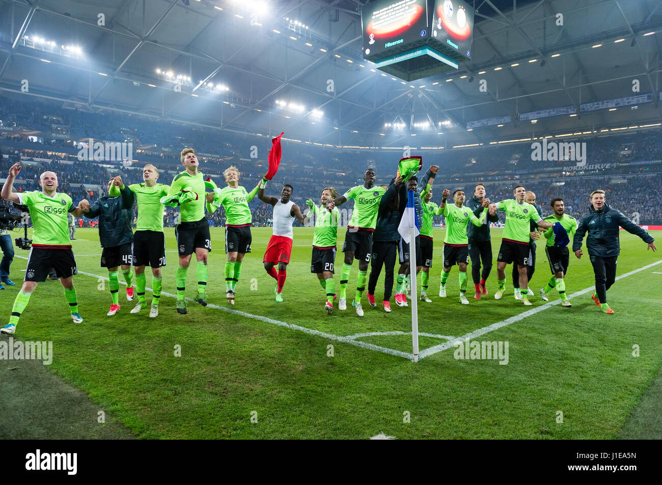 The Ajax squad celebrates at the end of the second leg of the UEFA ...