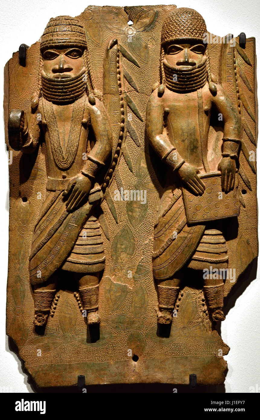Two courtiers 16th - 17th century Bronze Brass plaque showing the Oba ...