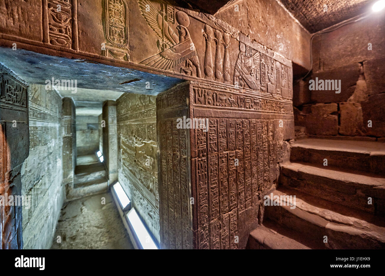 wonderful well-preserved reliefs inside Dendera temple complex Stock ...