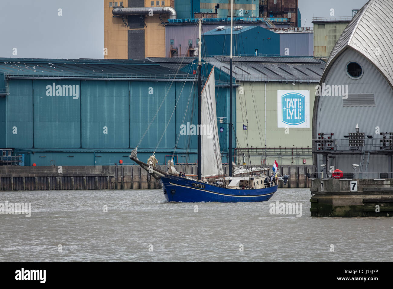 Dutch tall ship Zephyr at Thames Barrier Stock Photo - Alamy