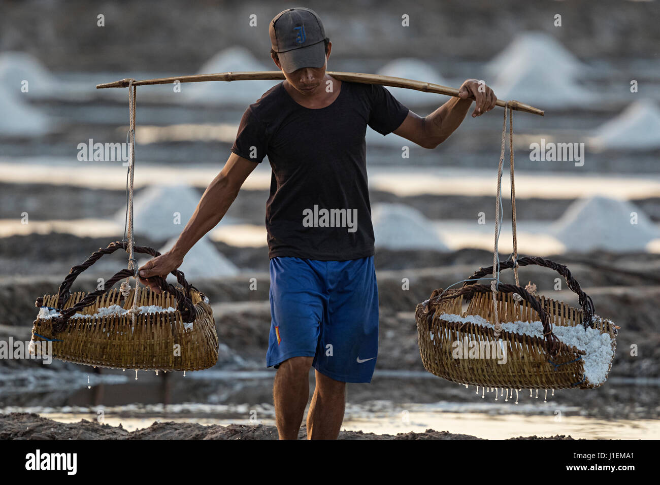 Worker in salt production in salina in Kampot. The salt is carried ...