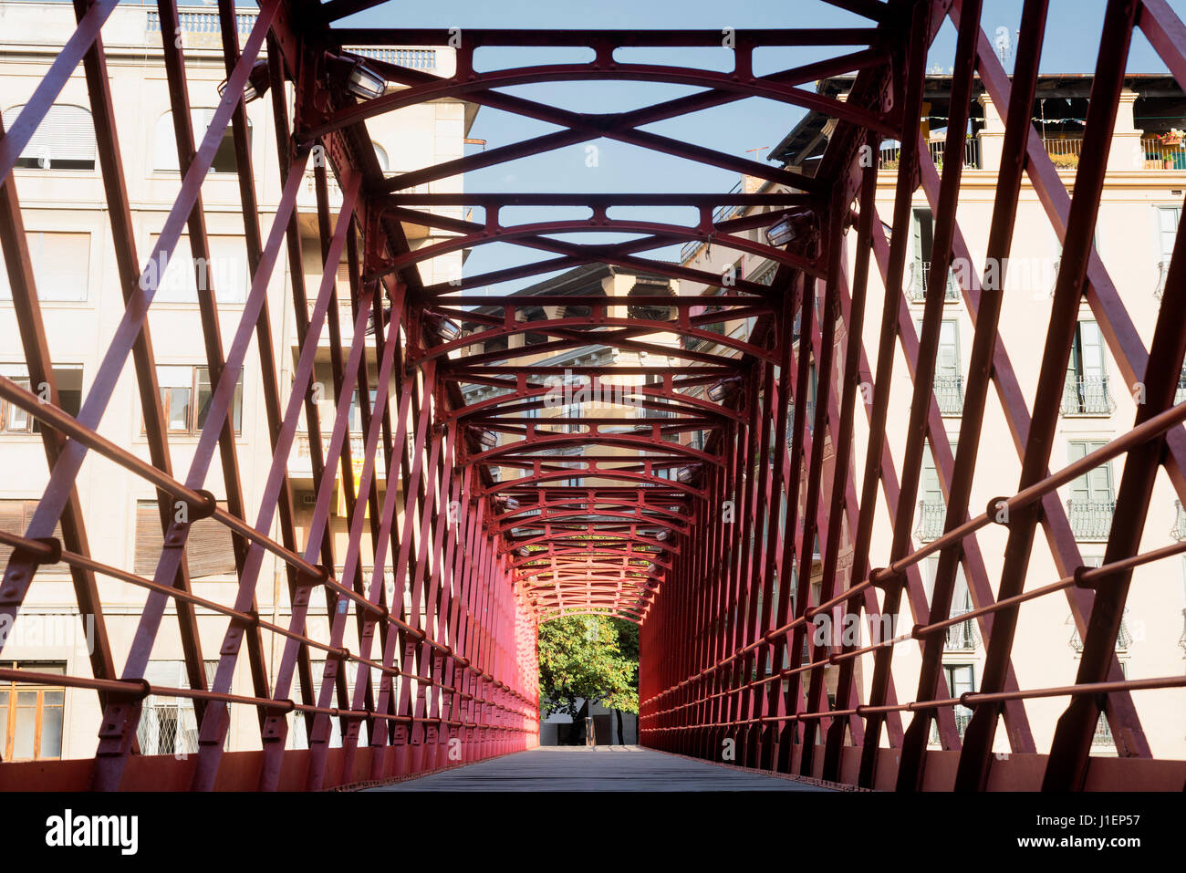 Girona (Gerona, Catalunya, Spain): red bridge over the Onyant river ...