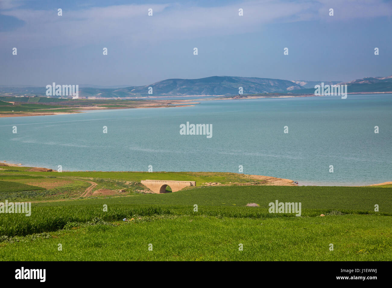 Spring landscape around the water reservoir Barrage Idriss, Morocco ...