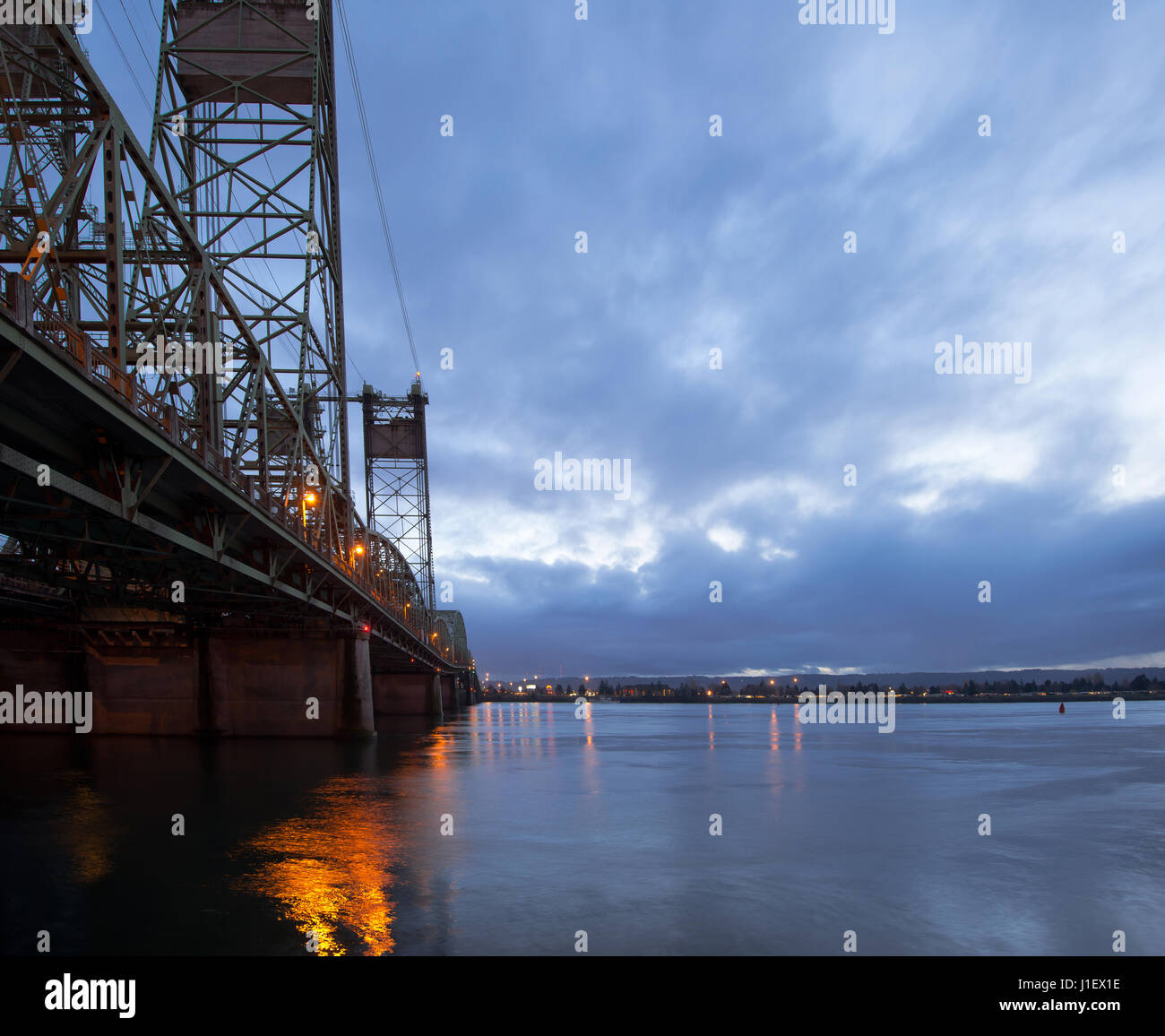 Lifting truss bridge with a lift towers across the Columbia River in ...