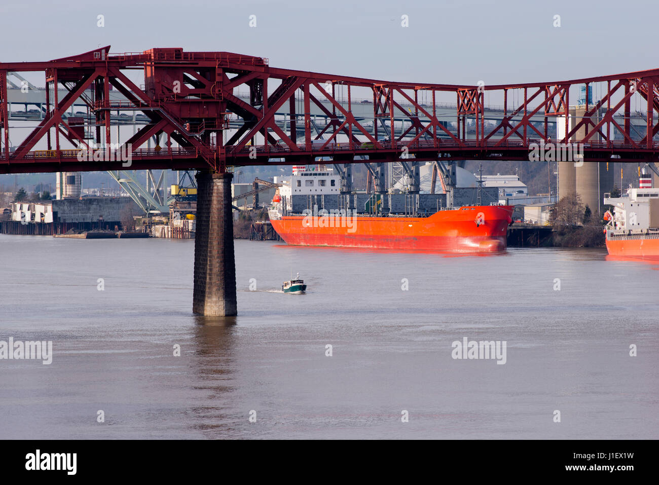 Red adjustable lifting iron truss bridge Rose Portland Willamette River ...
