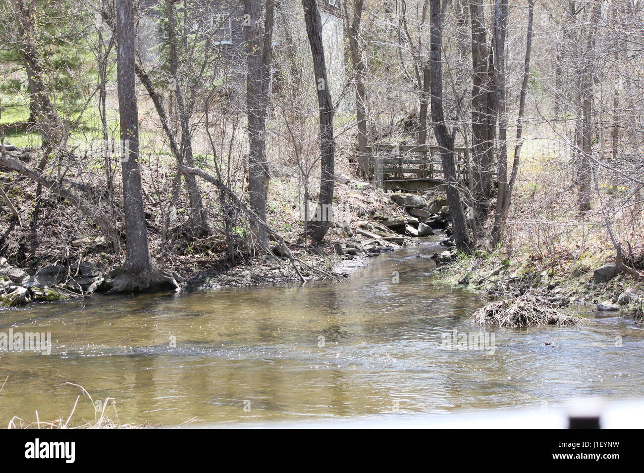 Little wooden walk bridge spanning a deep crevice full of rocks, water ...