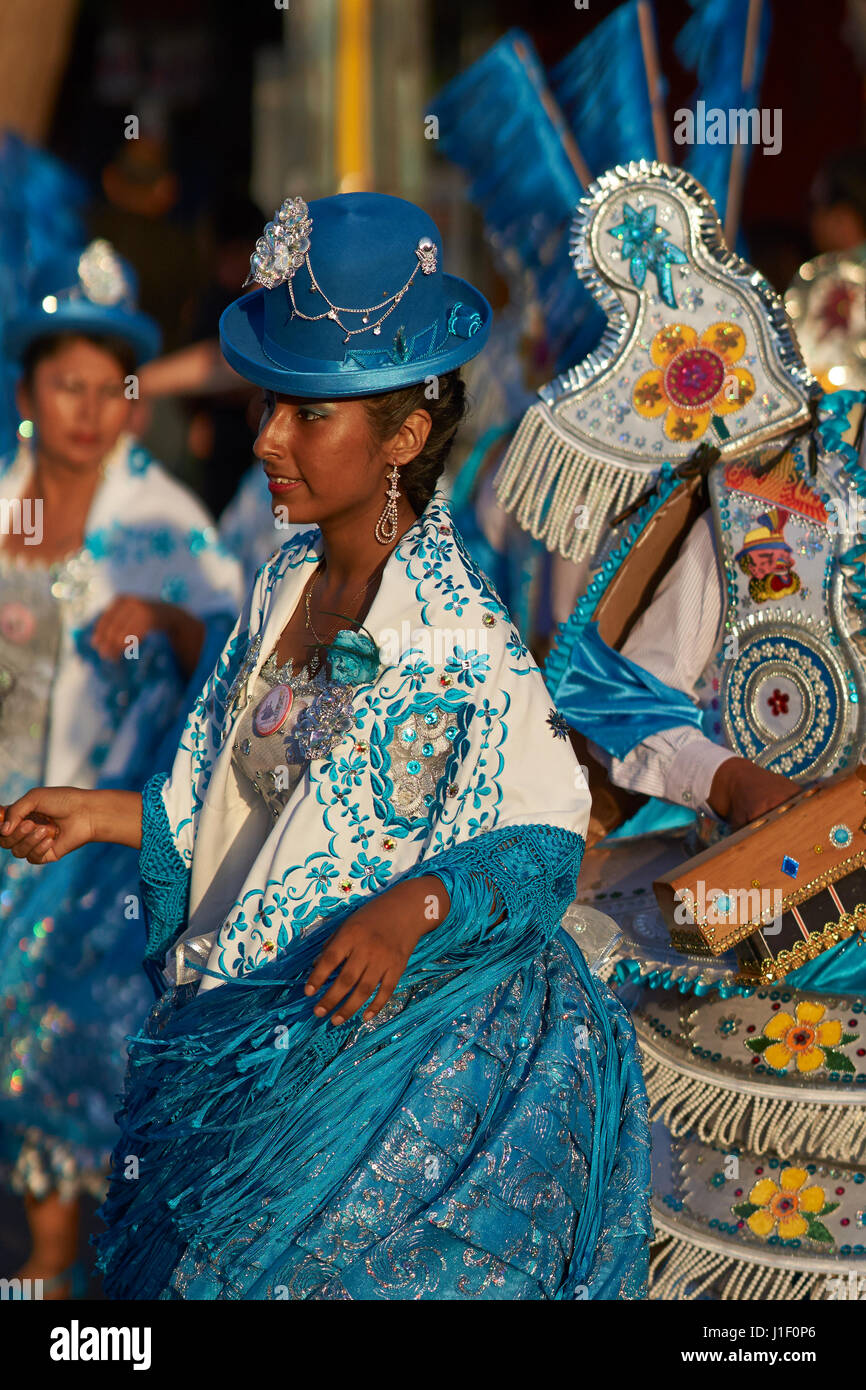 Morenada dancer in traditional Andean costume performing at the annual ...
