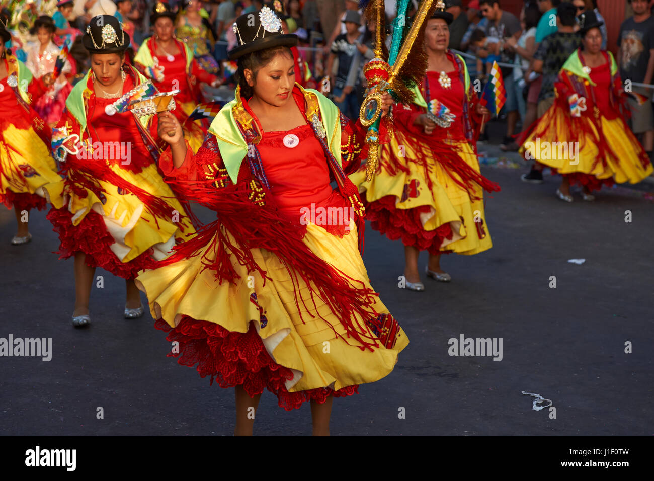 Morenada dancers in traditional Andean costume performing at the annual ...
