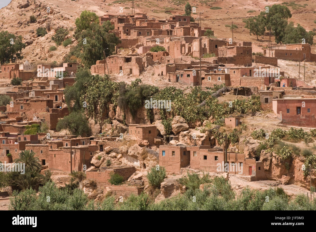Traditional Berber village and cultivated fields along a river valley ...