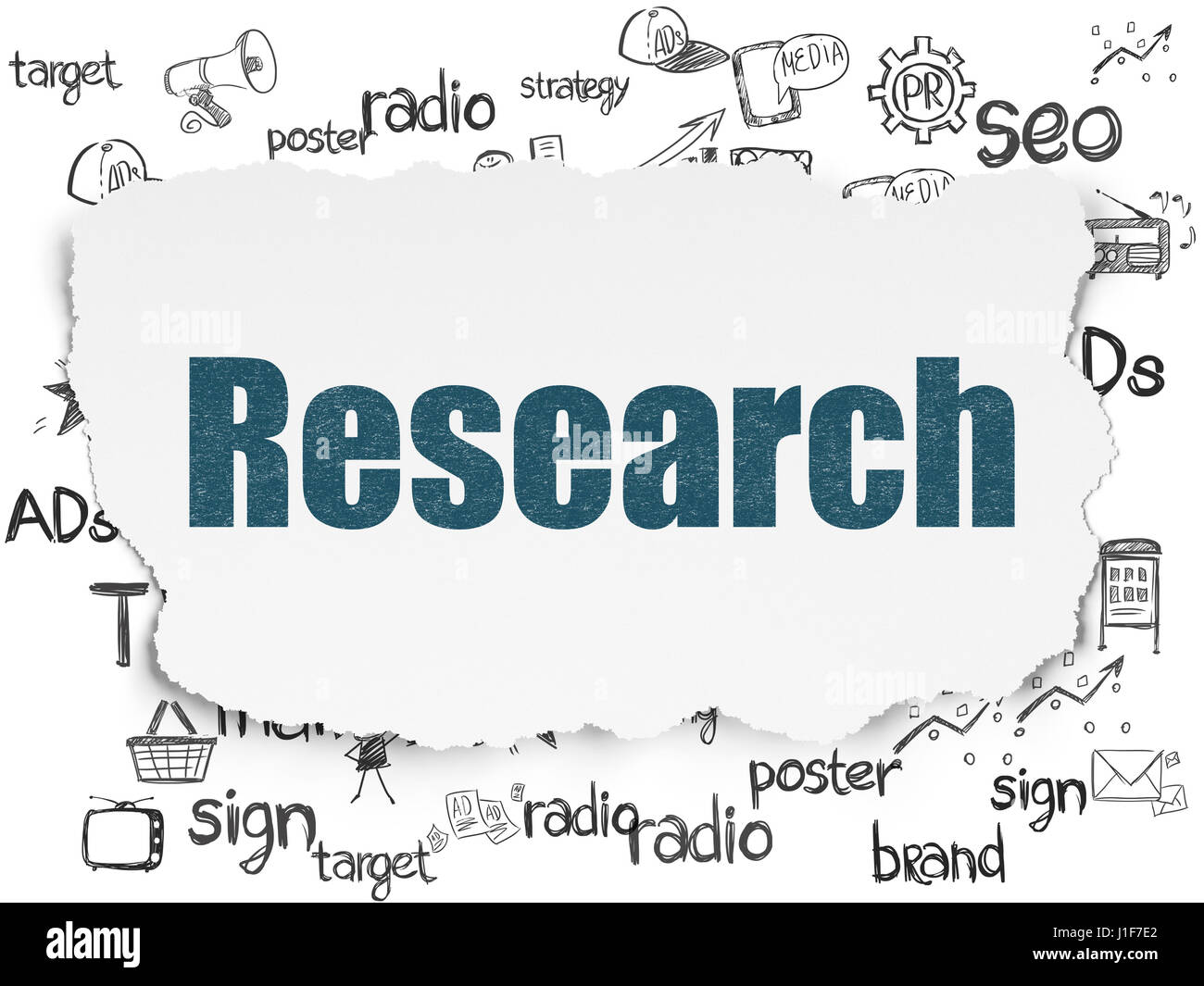 Advertising concept: Research on Torn Paper background Stock Photo - Alamy