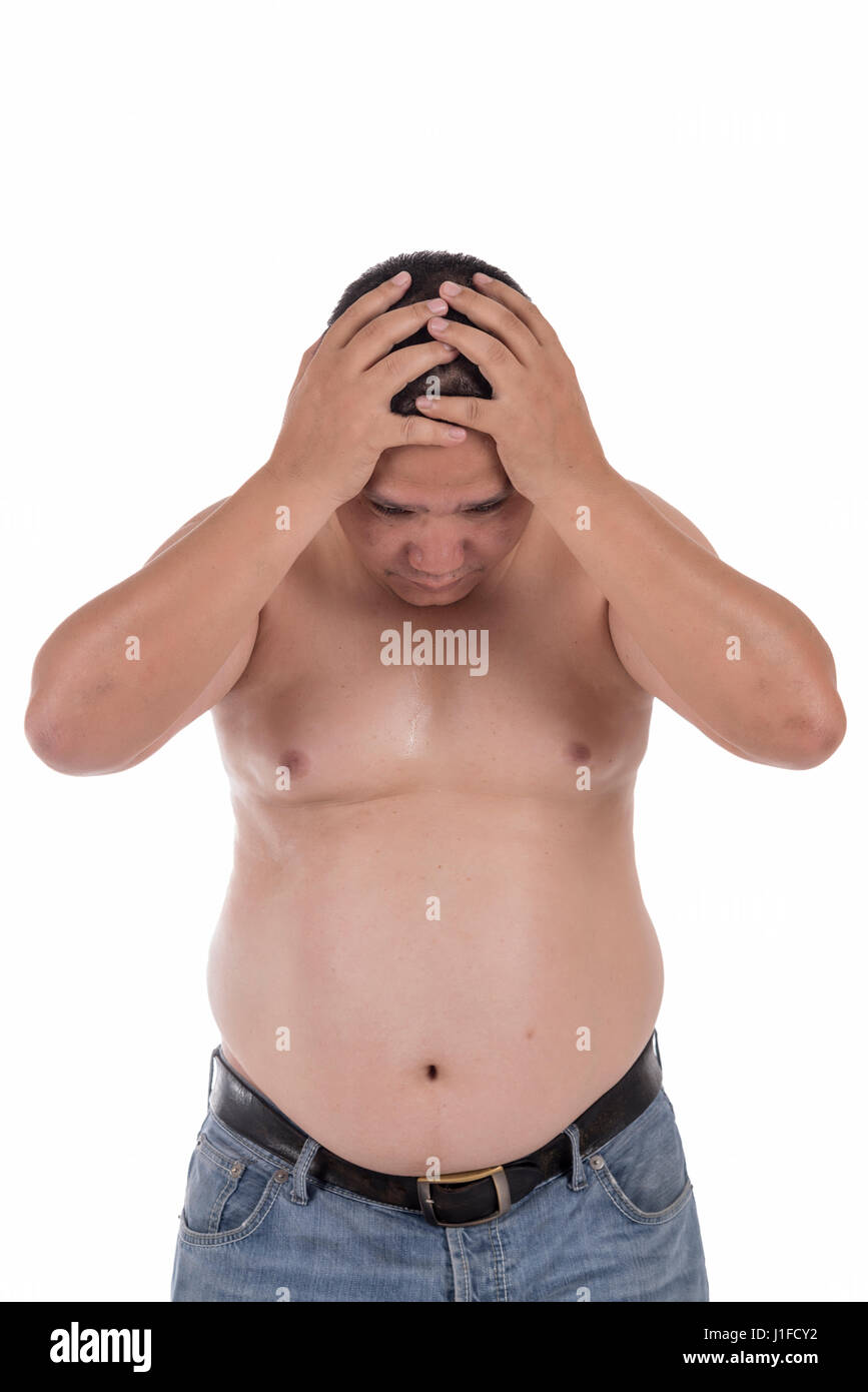 asian fat man thinking about insomnia, headache and fat isolated on ...