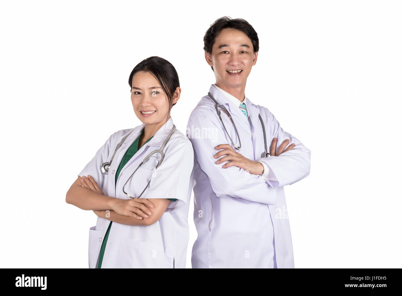 Portrait smiling asian medical doctors group with stethoscope isolated ...