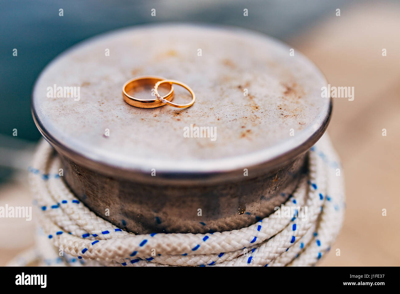 Wedding rings of the newlyweds near the sea. Engagement gold rings ...