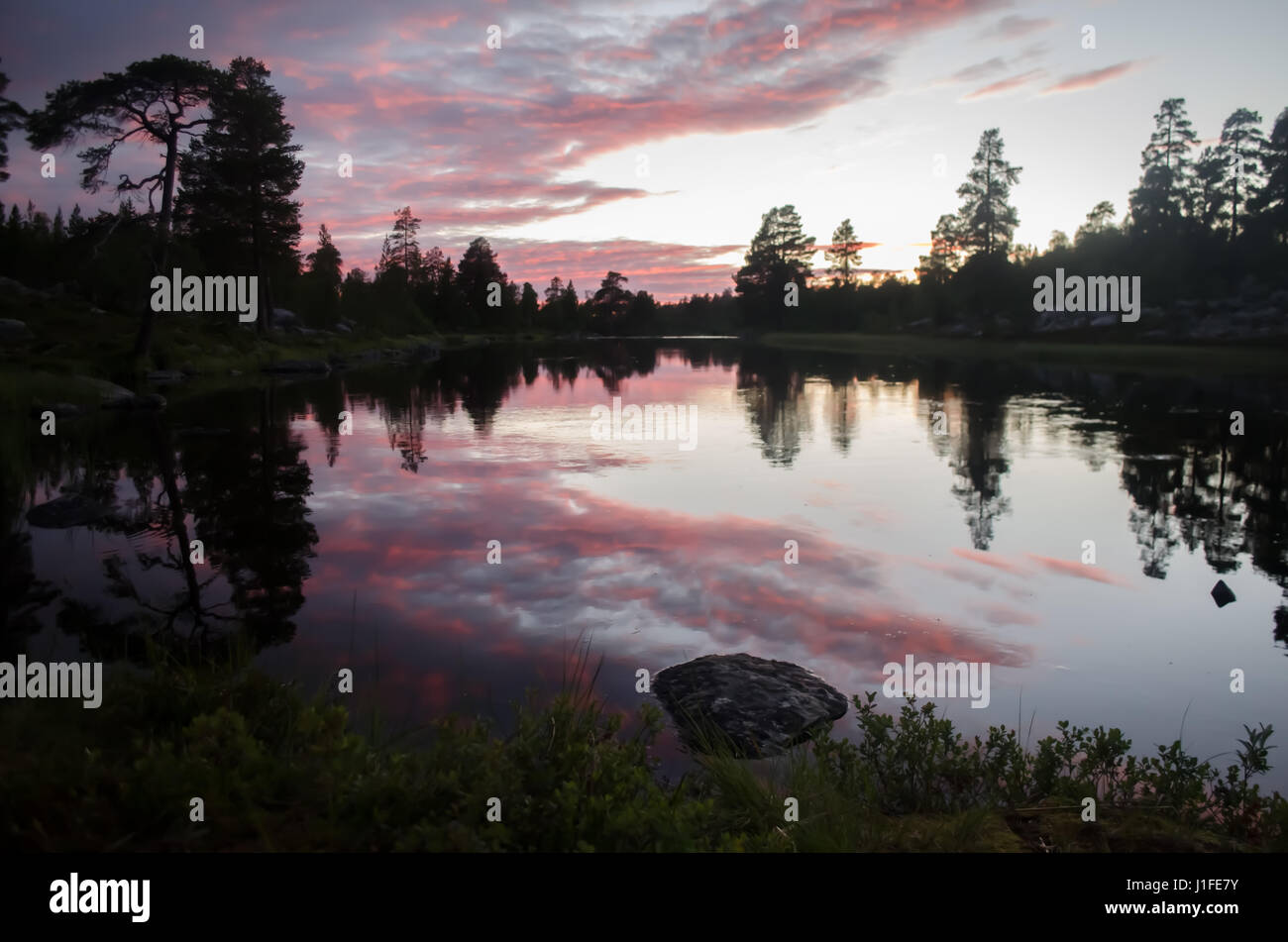 Mystical sunset light reflecting on silent river in nordic subalpine ...
