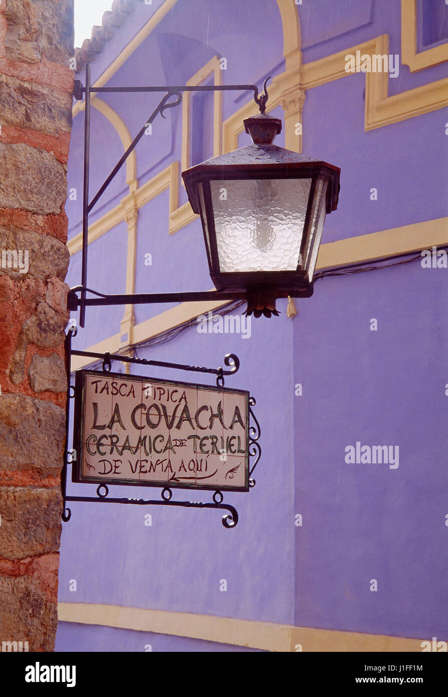 Street light and tourist sign. Albarracin, Teruel province, Aragon ...