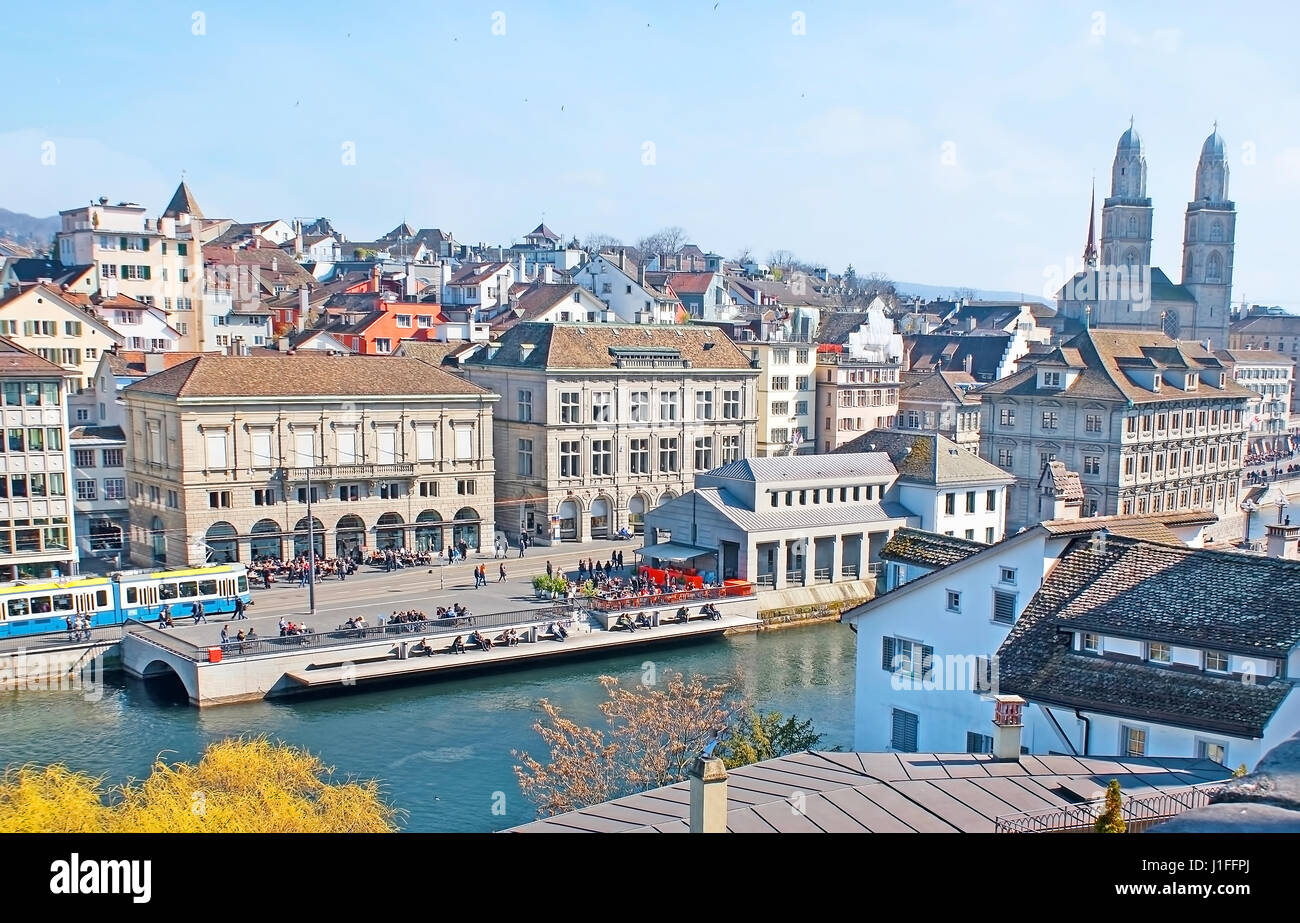 The scenic cityscape of Zurich from the Lindenhof hill, overlooking ...