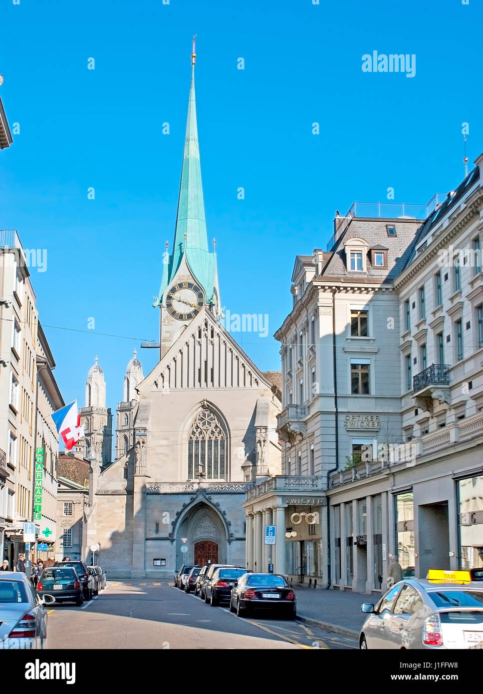 ZURICH, SWITZERLAND - MARCH 20, 2011: The view on Fraumunster Kirche ...