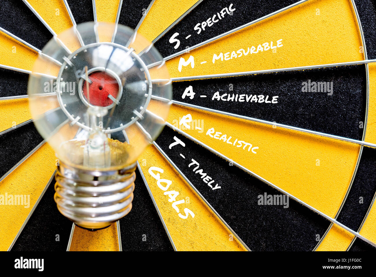 SMART GOALS and Big bulb target on bullseye with dartboard background ...