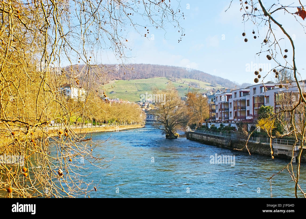 Baden is the scenic baths resort in Alps on Limmat river, Switzerland ...