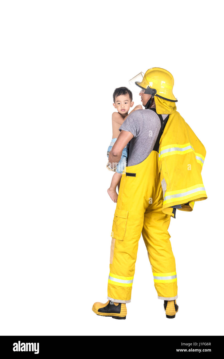 Fireman holding a boy isolated on white background, Firefighter rescued ...