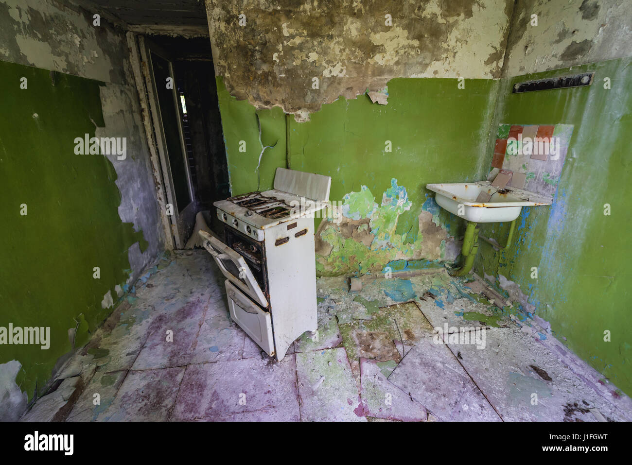 Kitchen in abandoned block of flats in Chernobyl-2 military base ...