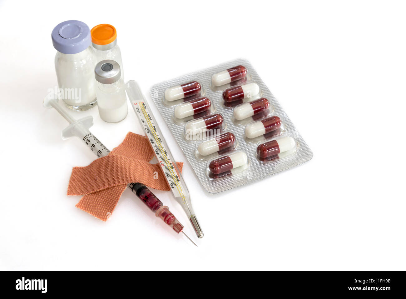 medical equipment and medicine on white background, medical instrument ...