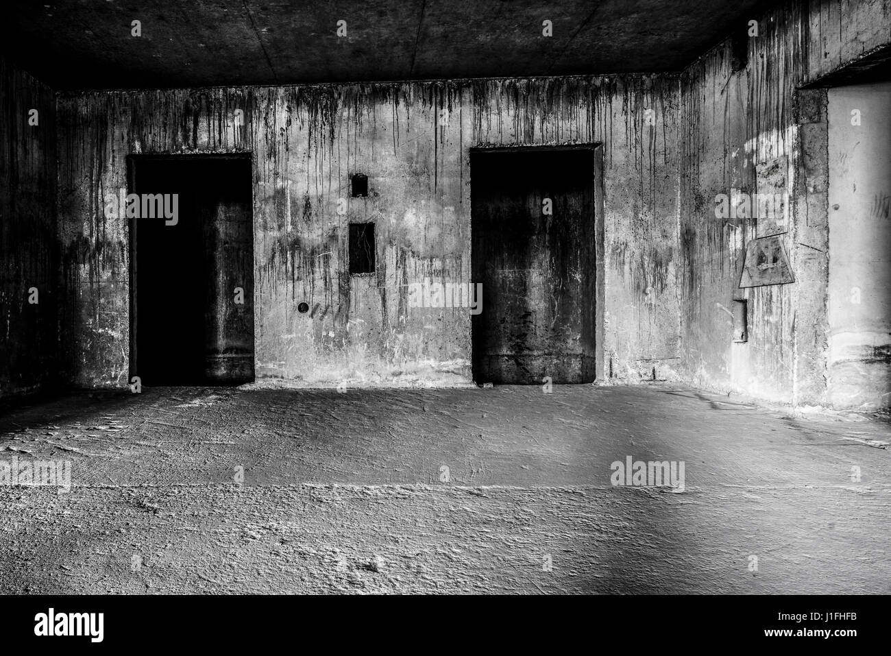 Abandoned building ghost living place with two doors, darkness horror ...