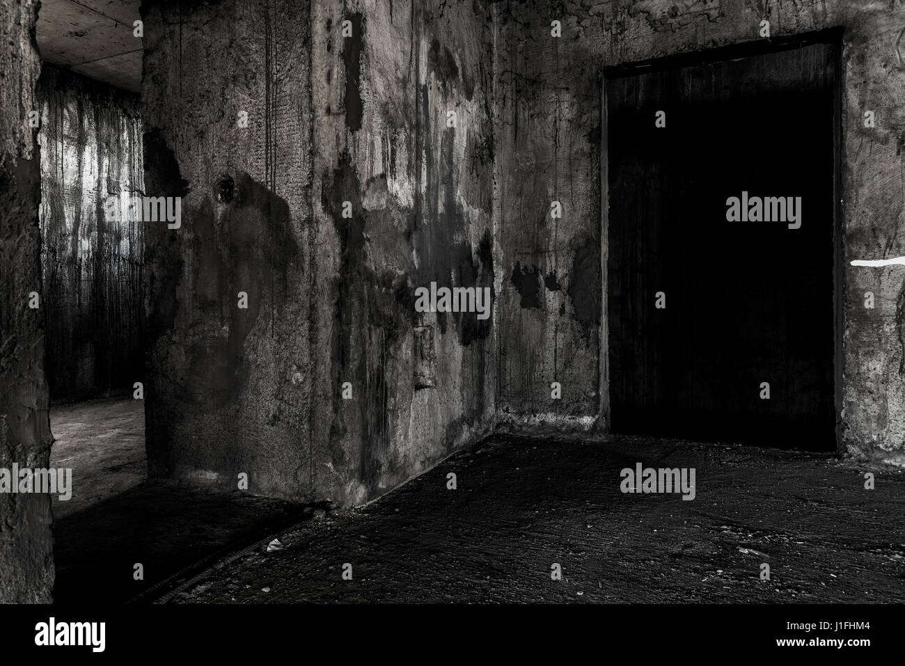 Abandoned building ghost living place with two doors, darkness horror ...