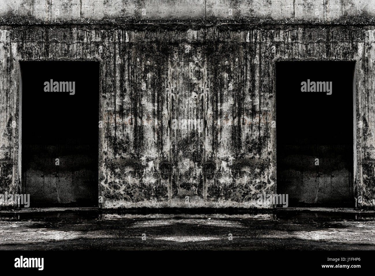 Abandoned building ghost living place with two doors, darkness horror ...