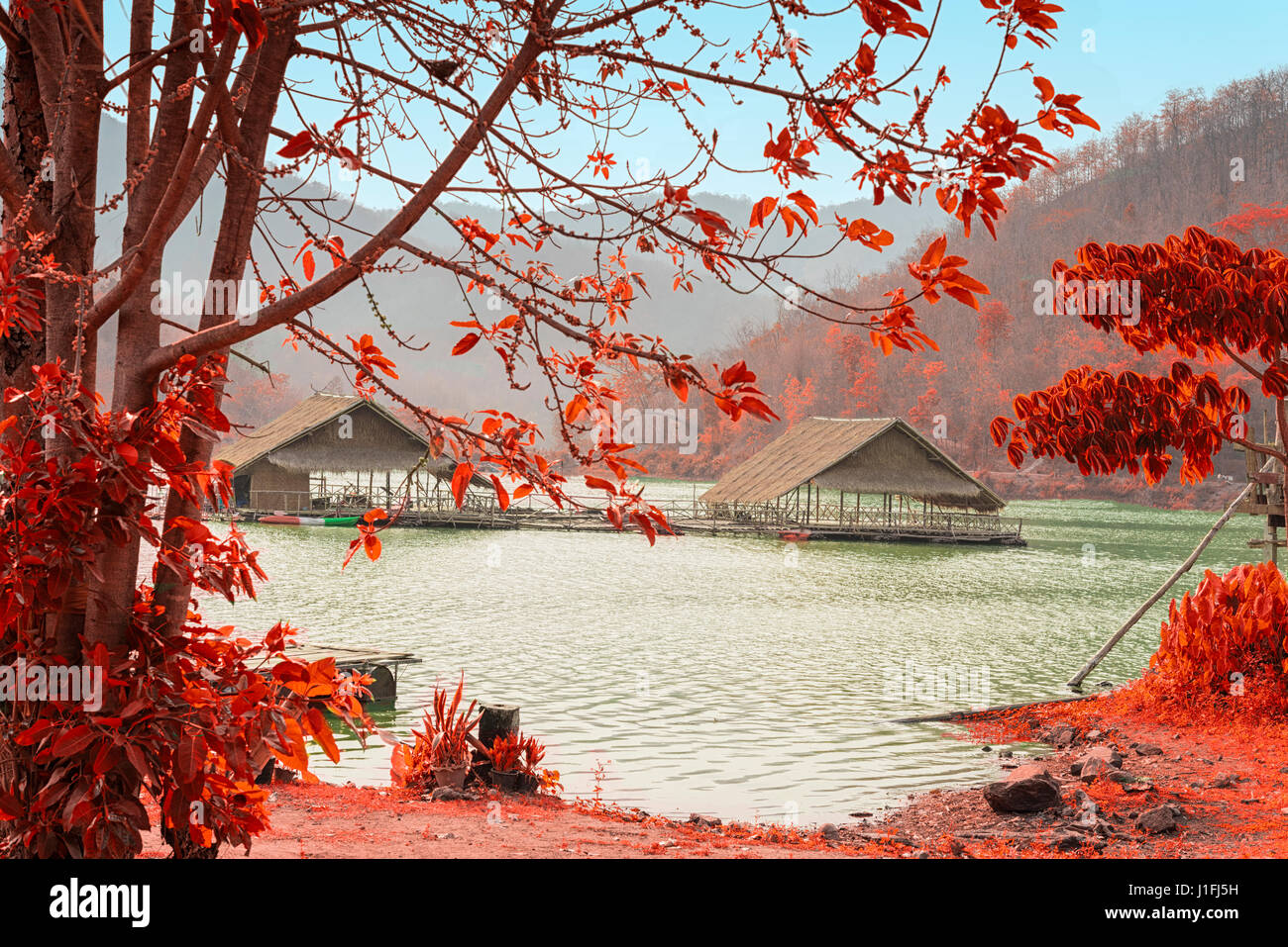 Raft floating on the river in autum season, beautiful landscape Stock ...