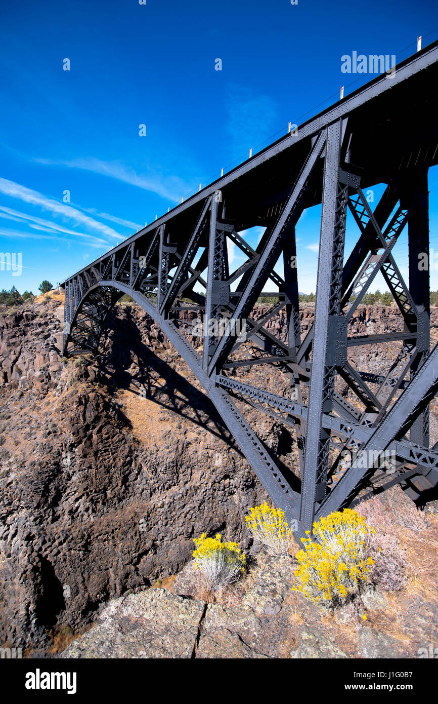 Arched bridge of metal construction with rivets roadbed at the top ...