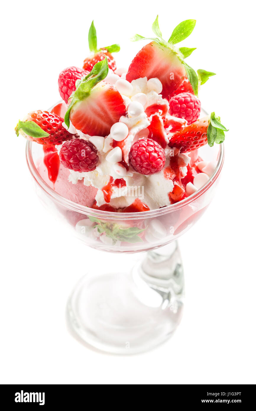 Sweet raspberry and strawberry ice cream on white background Stock ...
