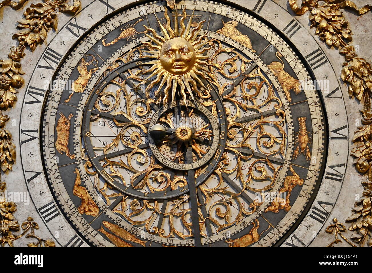 Golden astronomic clock in Saint-Jean gothic cathedral, Lyon Stock ...